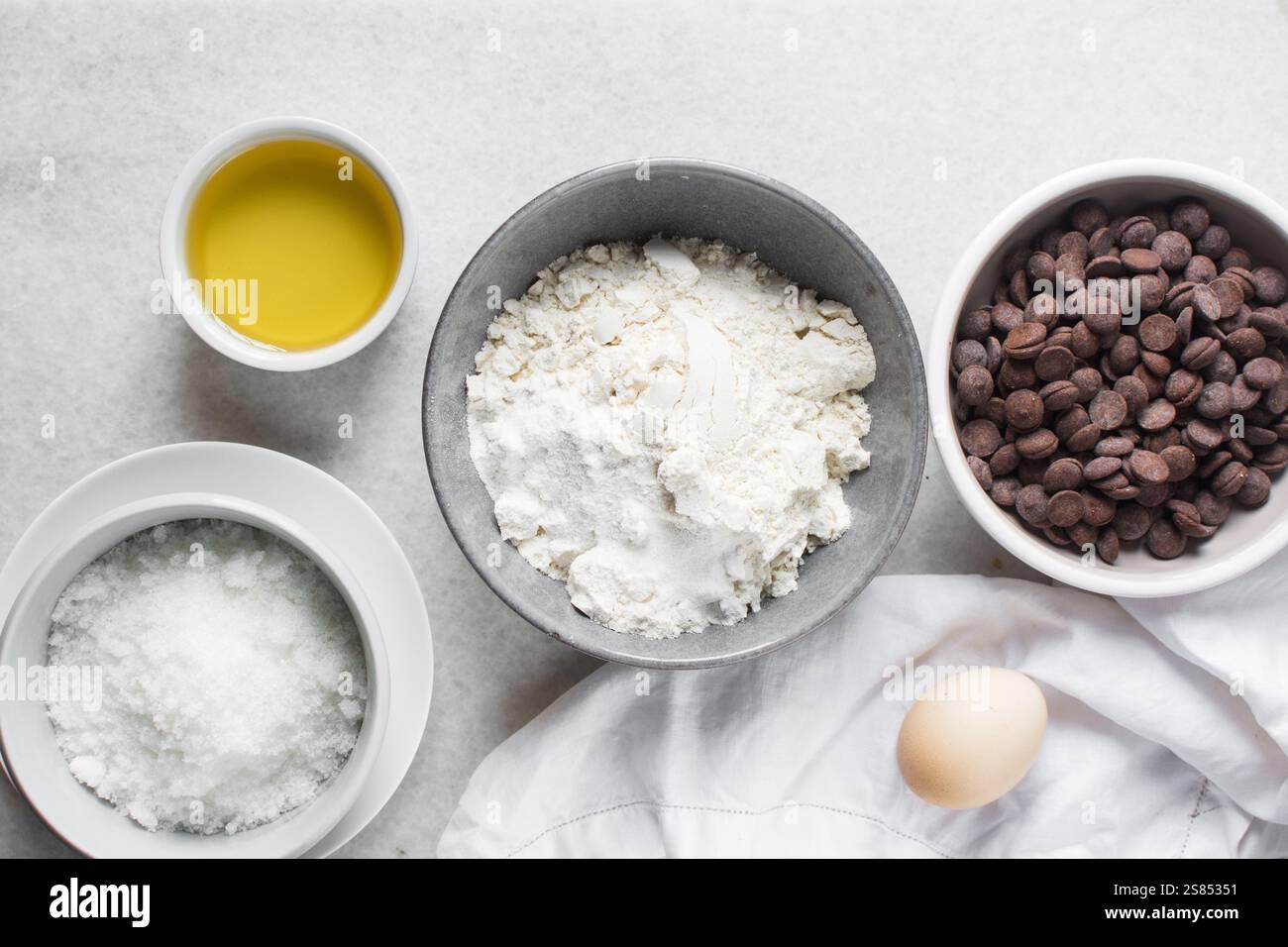 overhead view of mise en place for homemade chocolate chip cookies ...