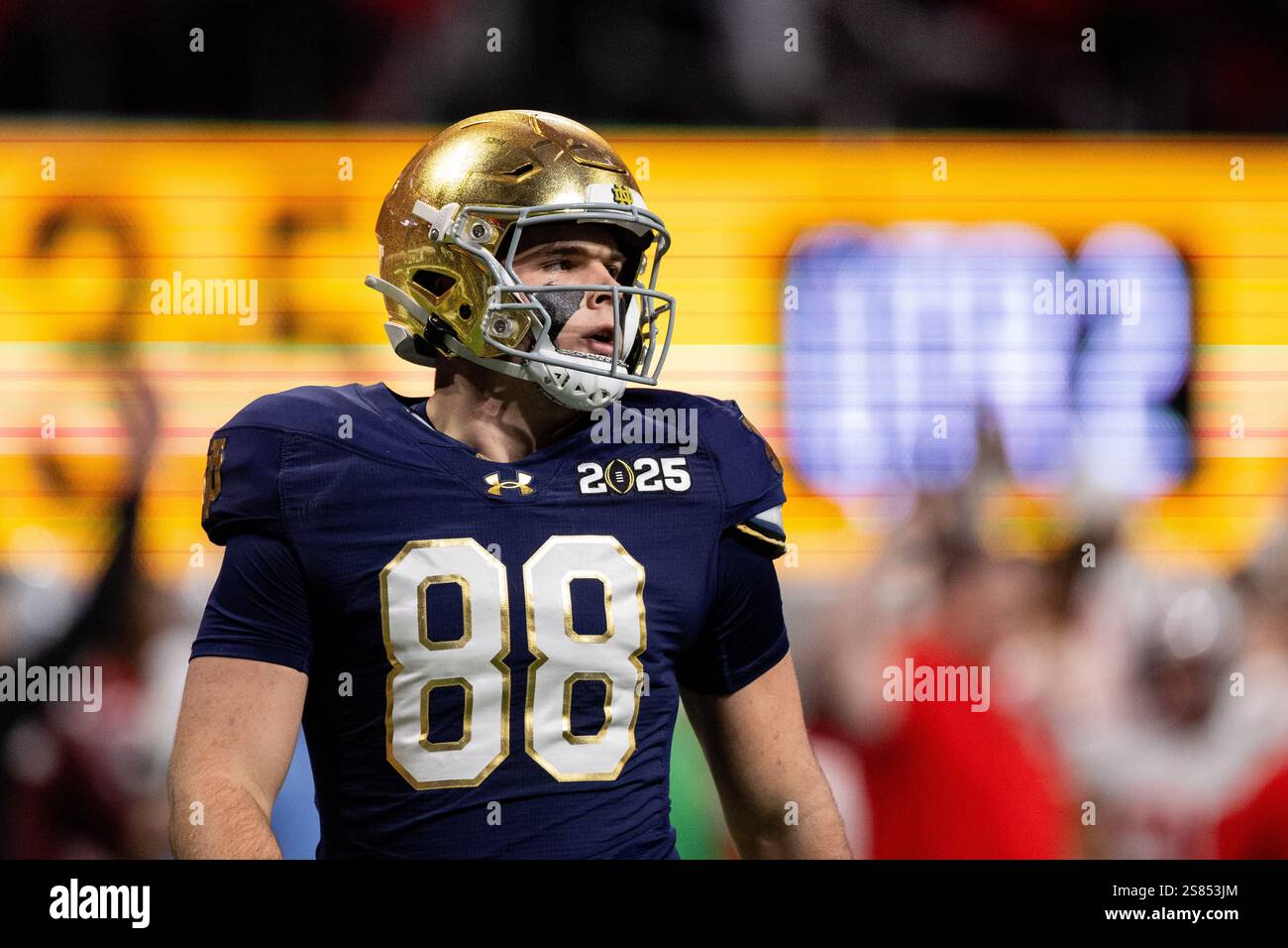 Atlanta, GA, USA. 20th Jan, 2025. Notre Dame tight end Mitchell Evans (88) during the first half ...