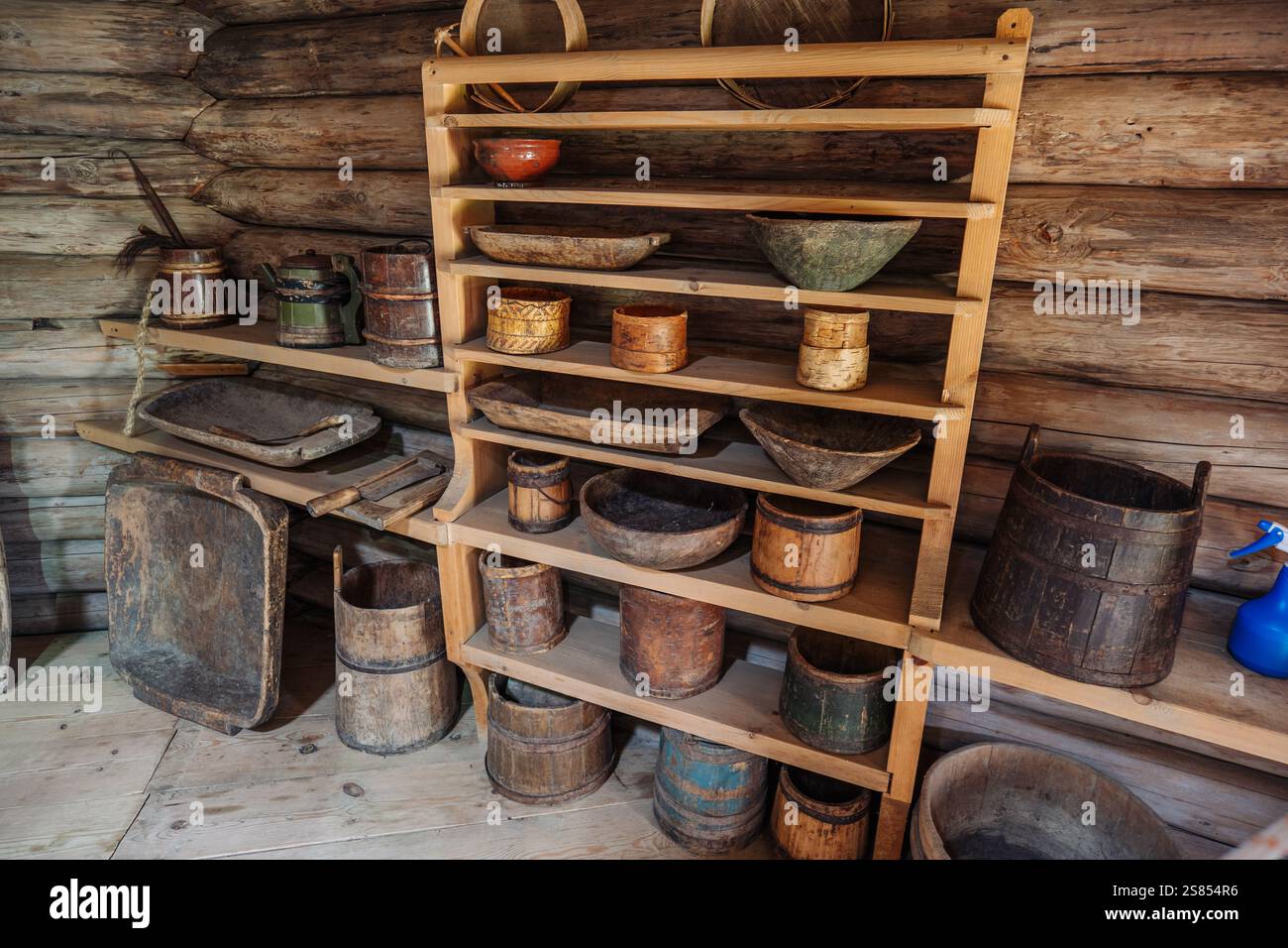 Displaying traditional russian wooden kitchenware, including bowls ...