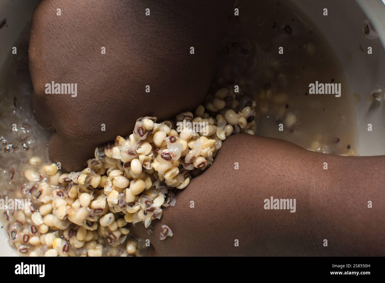 Overhead view of beans being washed, top view of blackeyed beans being ...