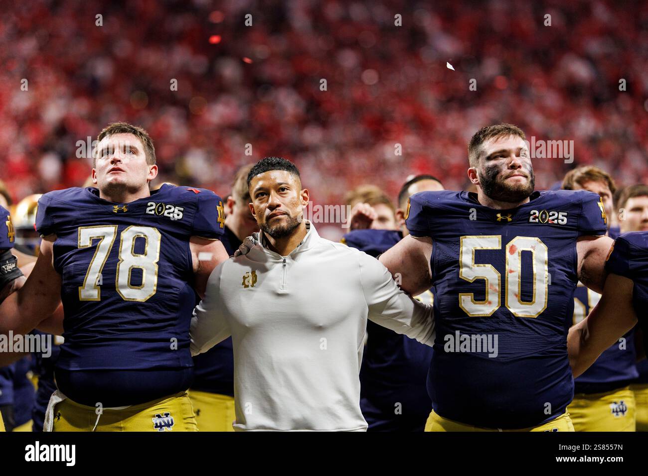 Atlanta, Georgia. 20th Jan, 2025. Notre Dame head coach Marcus Freeman ...