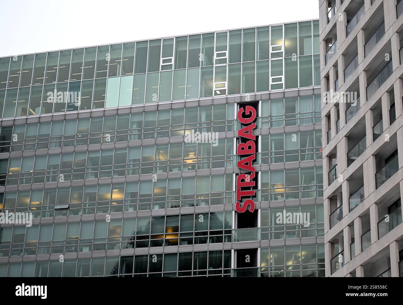 The Strabag logo on the facade of the construction company's ...