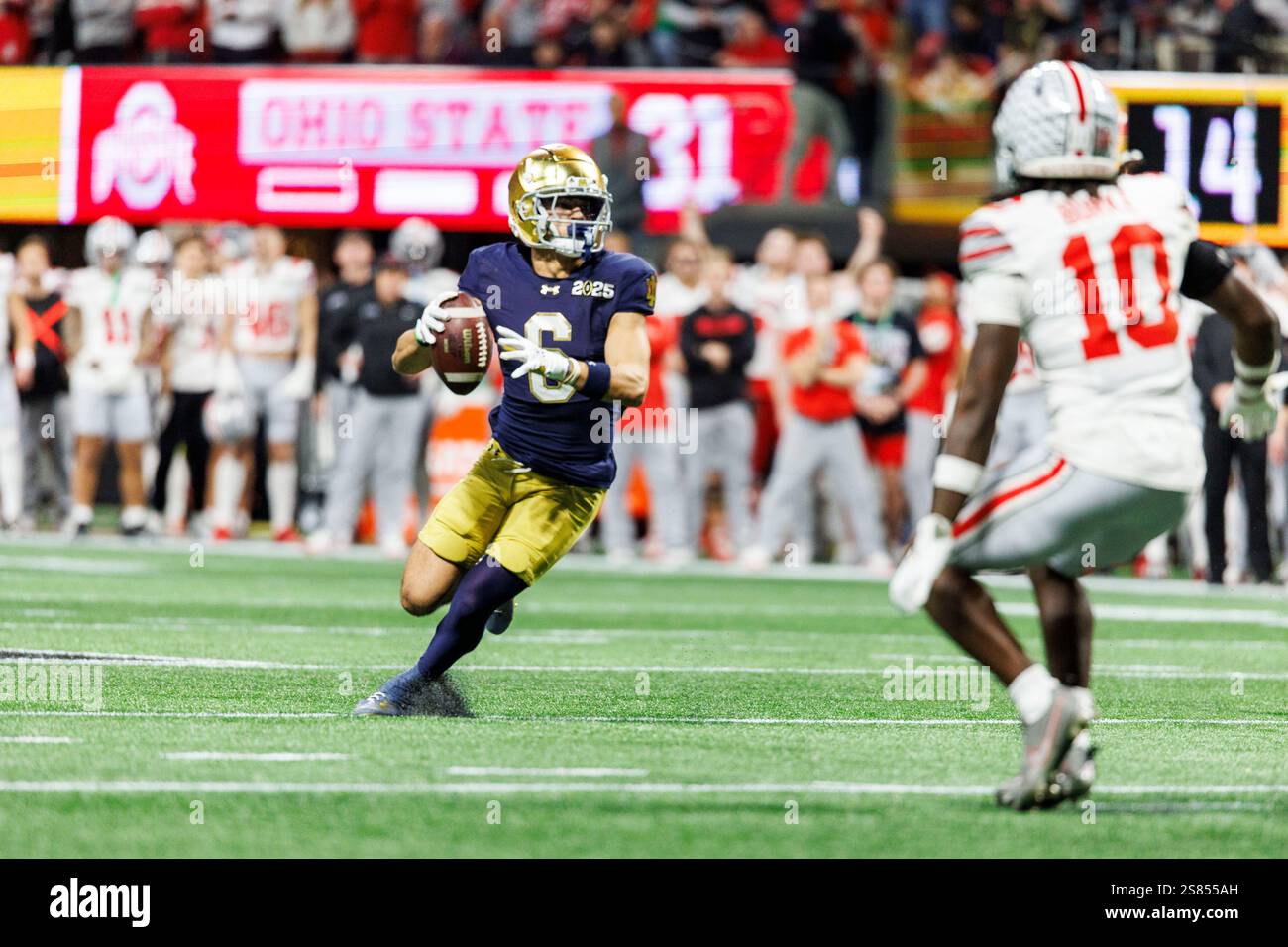 Atlanta, Georgia. 20th Jan, 2025. Notre Dame wide receiver Jordan Faison (6) passes the ball on ...