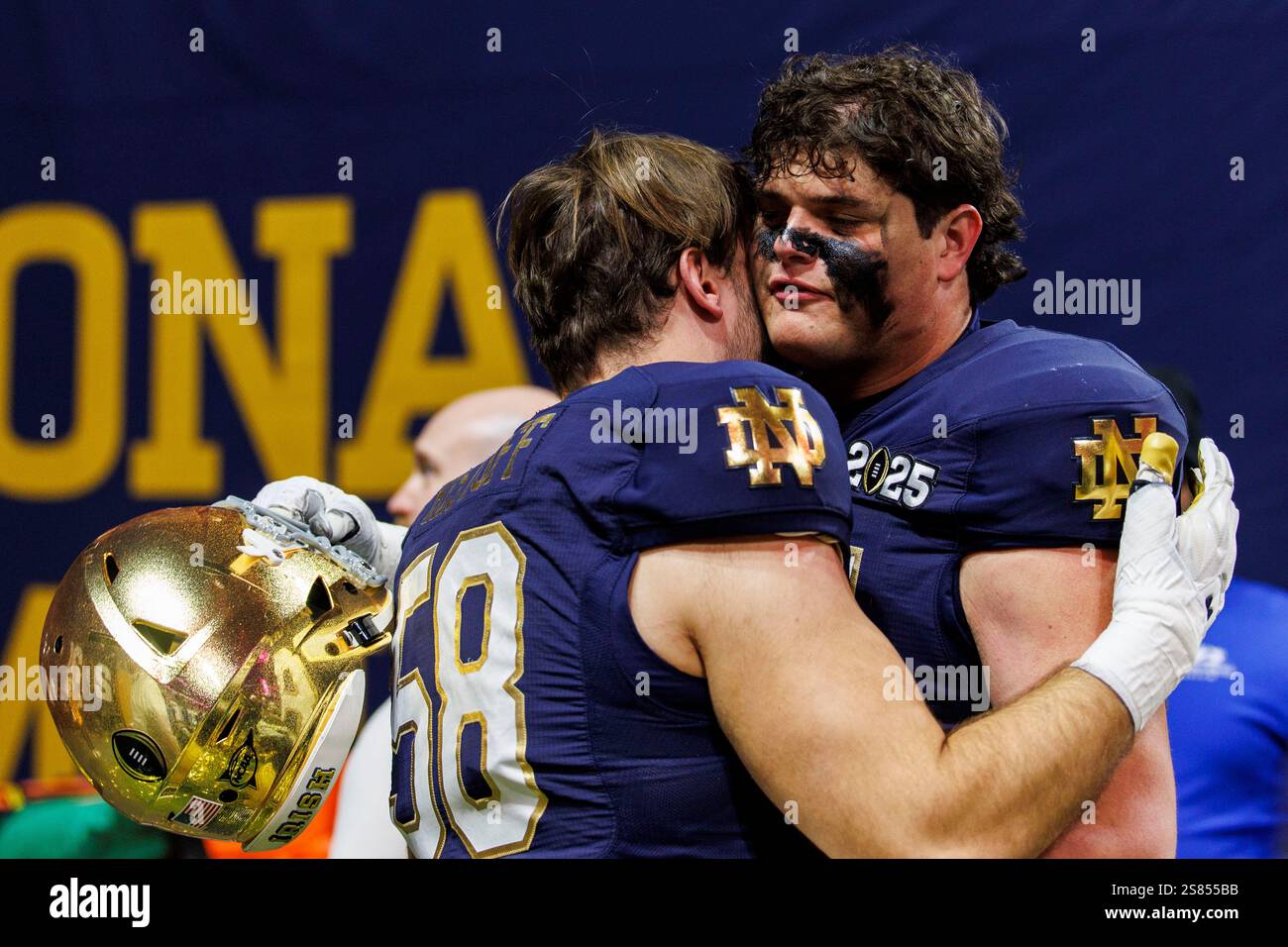 Atlanta, Georgia. 20th Jan, 2025. Notre Dame players huddle in the ...