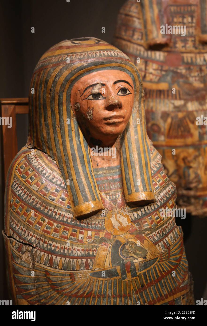 Cartonnage coffin. Funerary mask made from plant fiber and plaster and ...