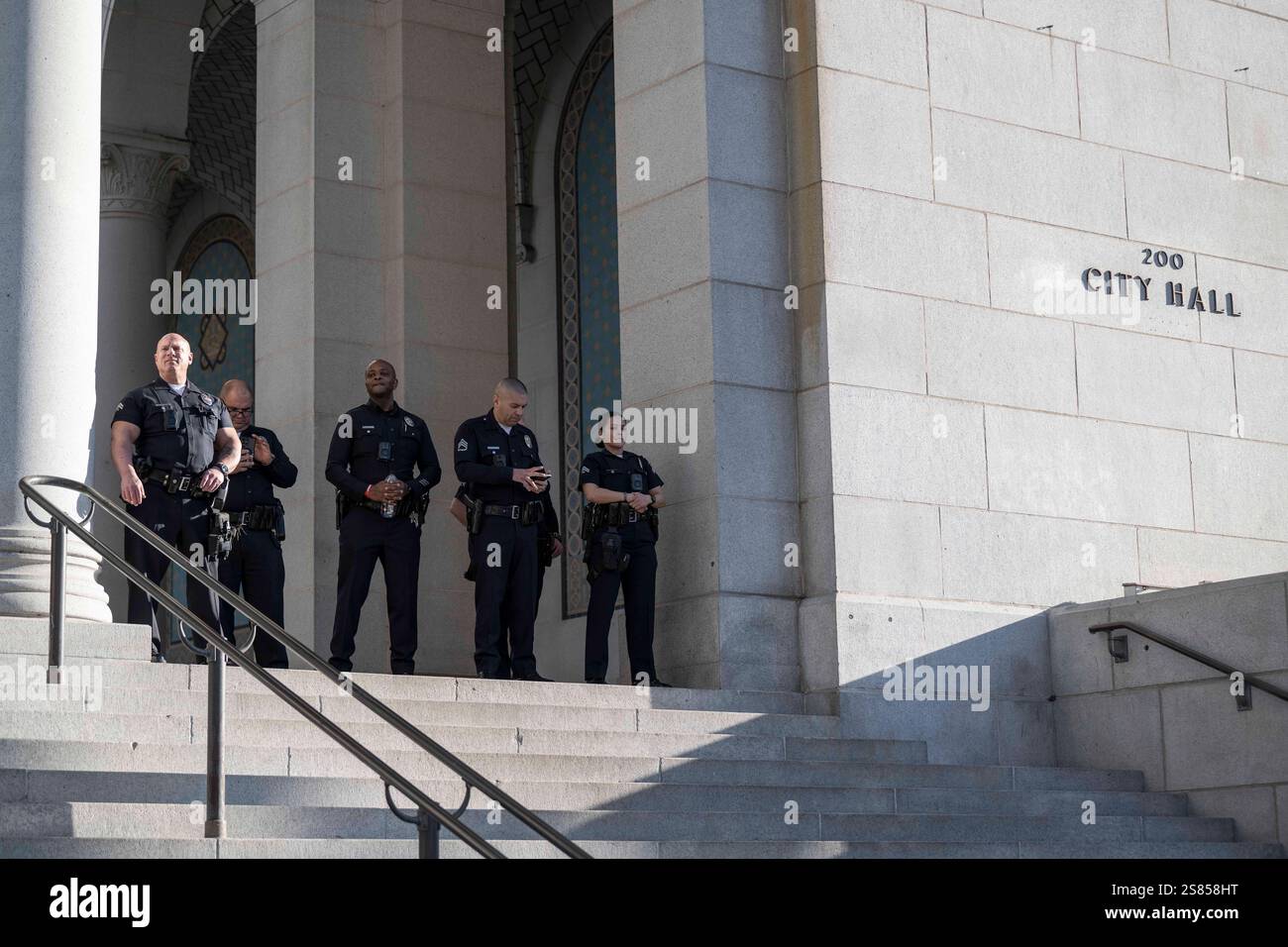 Los Angeles, United States. 20th Jan, 2025. LAPD officers seen watching ...