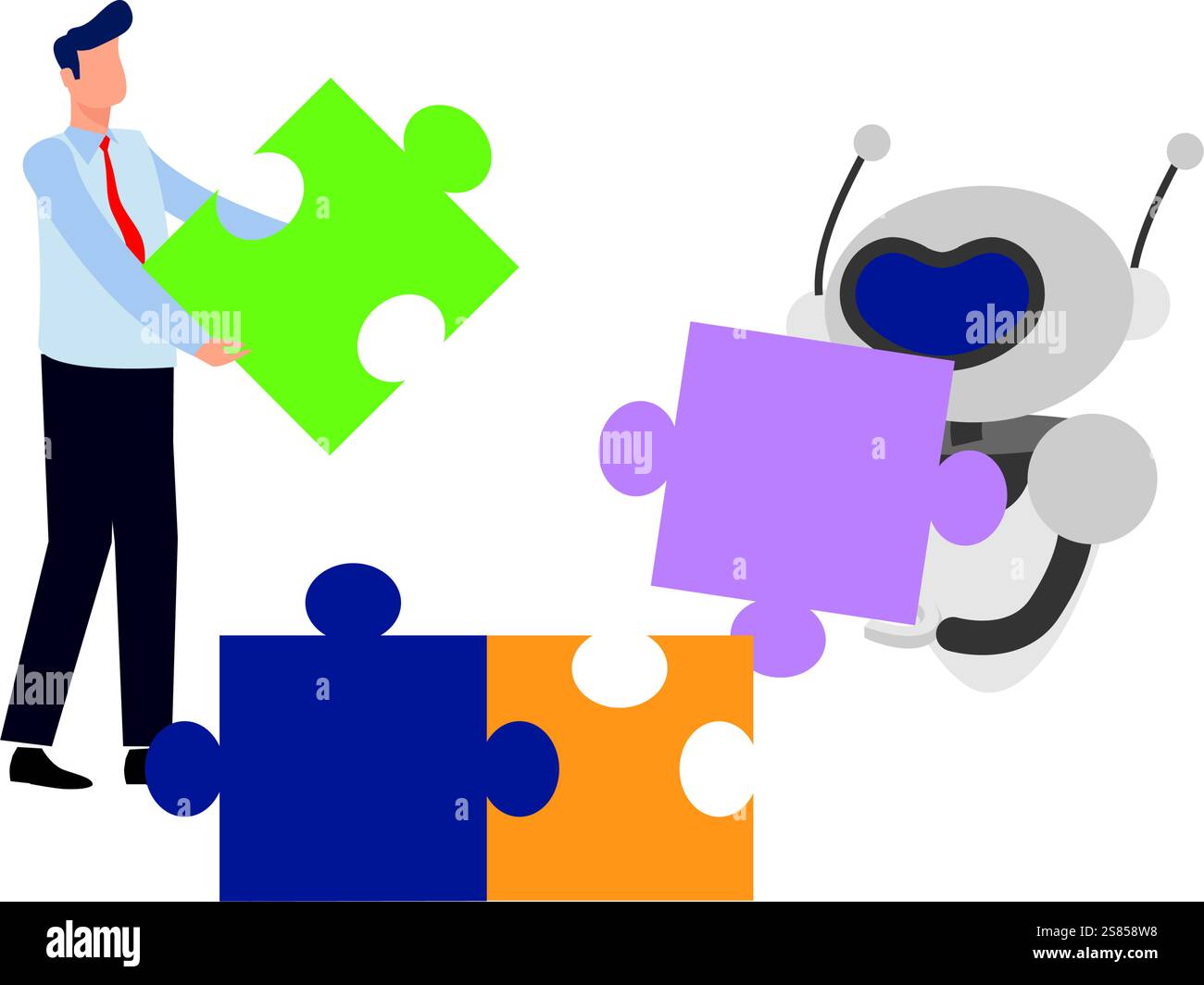 Businessman build a jigsaw puzzle together with a robot, Collaboration ...