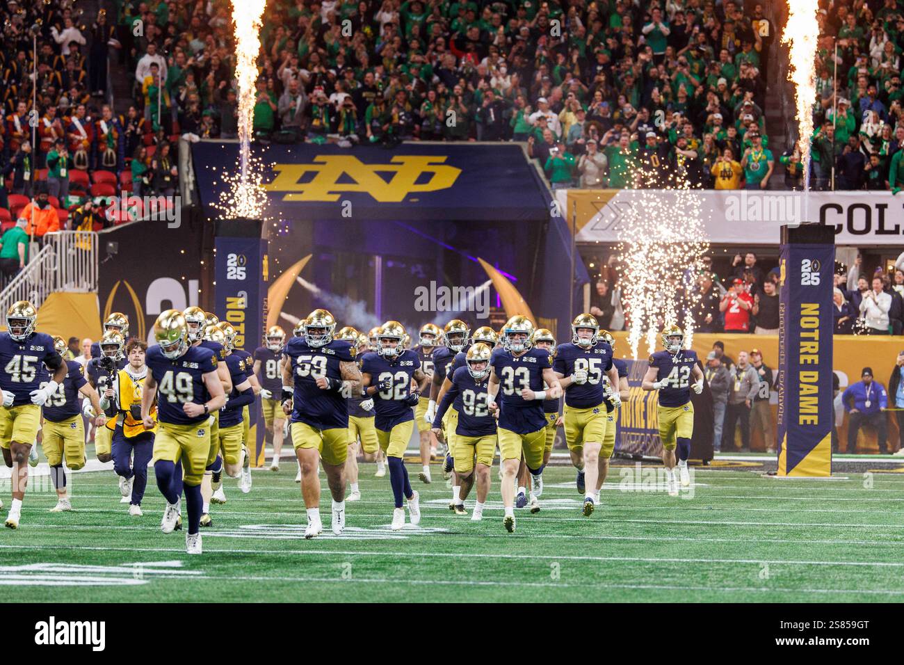 Atlanta, Georgia. 20th Jan, 2025. Notre Dame players run onto the field ...