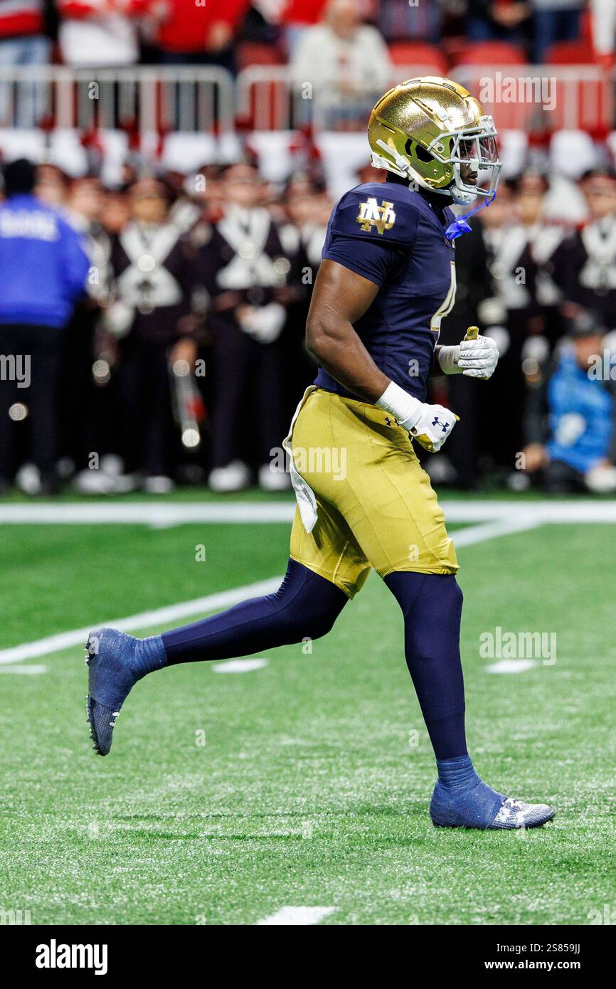 Atlanta, Georgia. 20th Jan, 2025. Notre Dame running back Jeremiyah Love (4) during pregame of ...