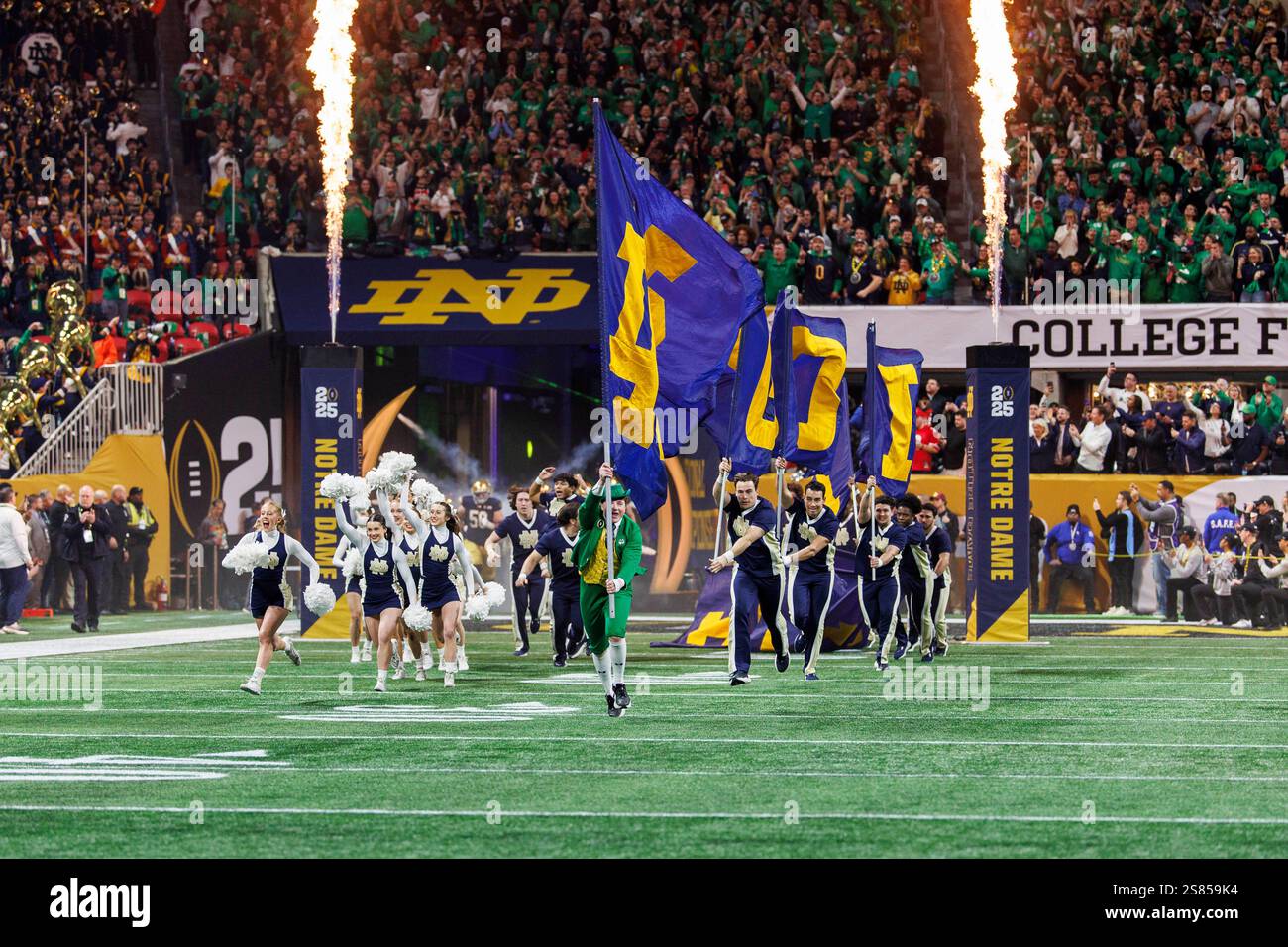 Atlanta, Georgia. 20th Jan, 2025. Notre Dame cheerleaders run onto the ...