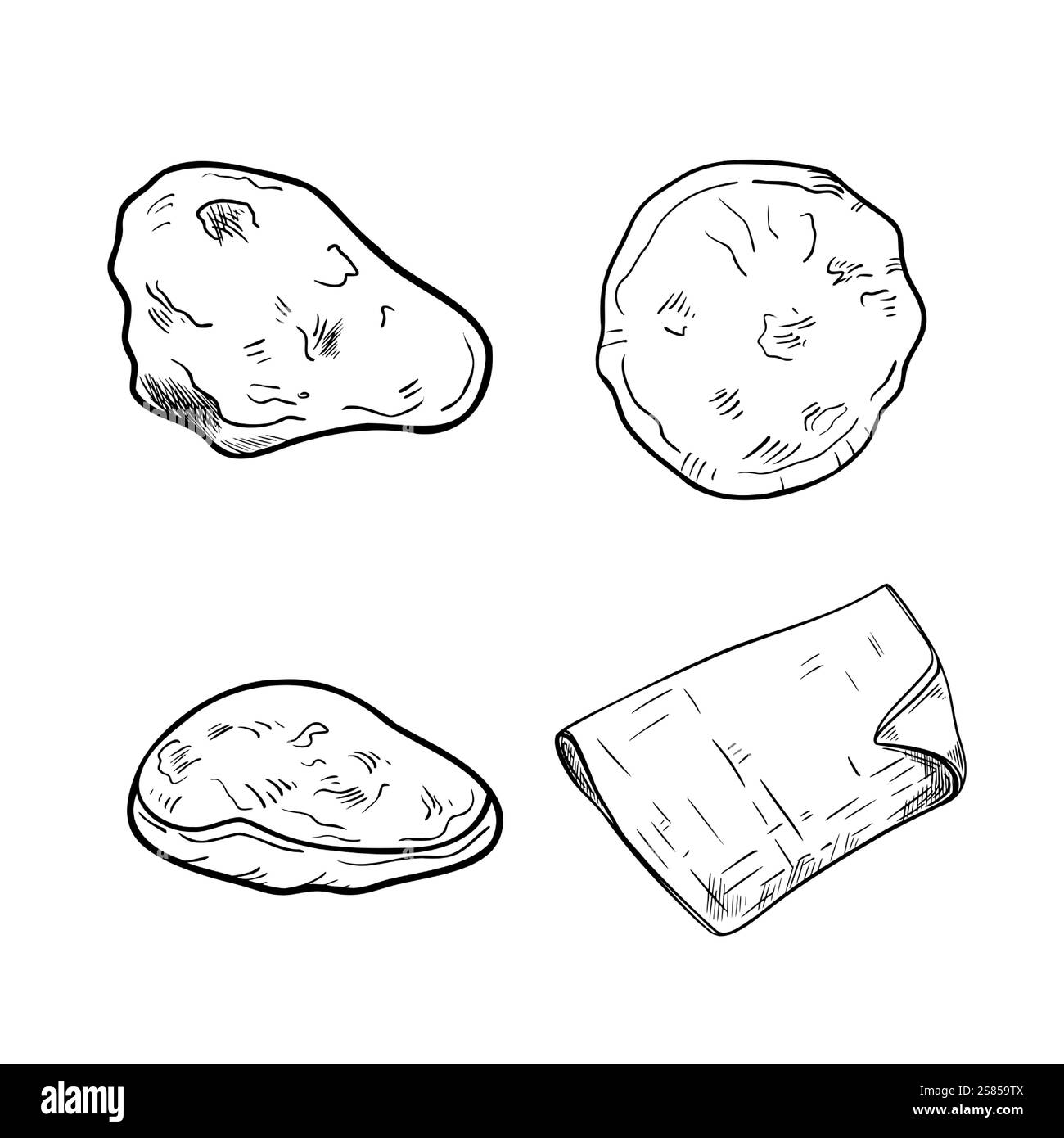 Mediterranean bread pita, Greek flatbread black white vector ...