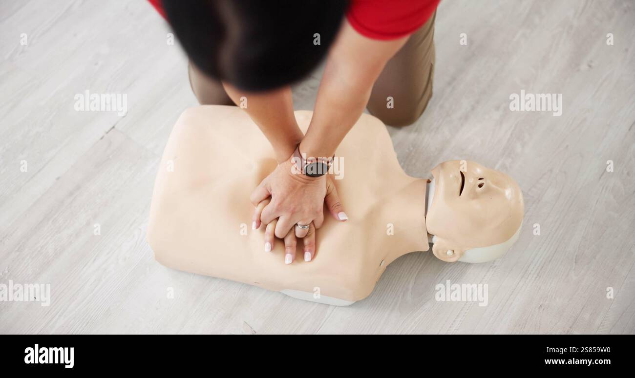 Mannequin, cpr and training with above of person for first aid workshop ...