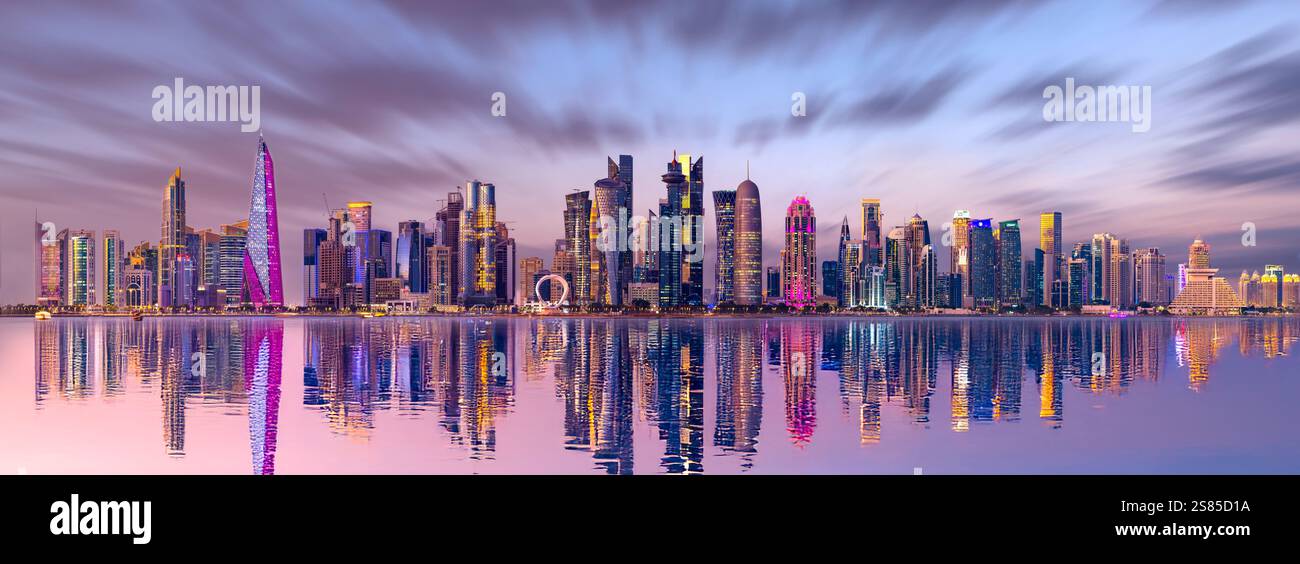 The Panoramic skyline of Doha, Qatar during sunrise Stock Photo - Alamy