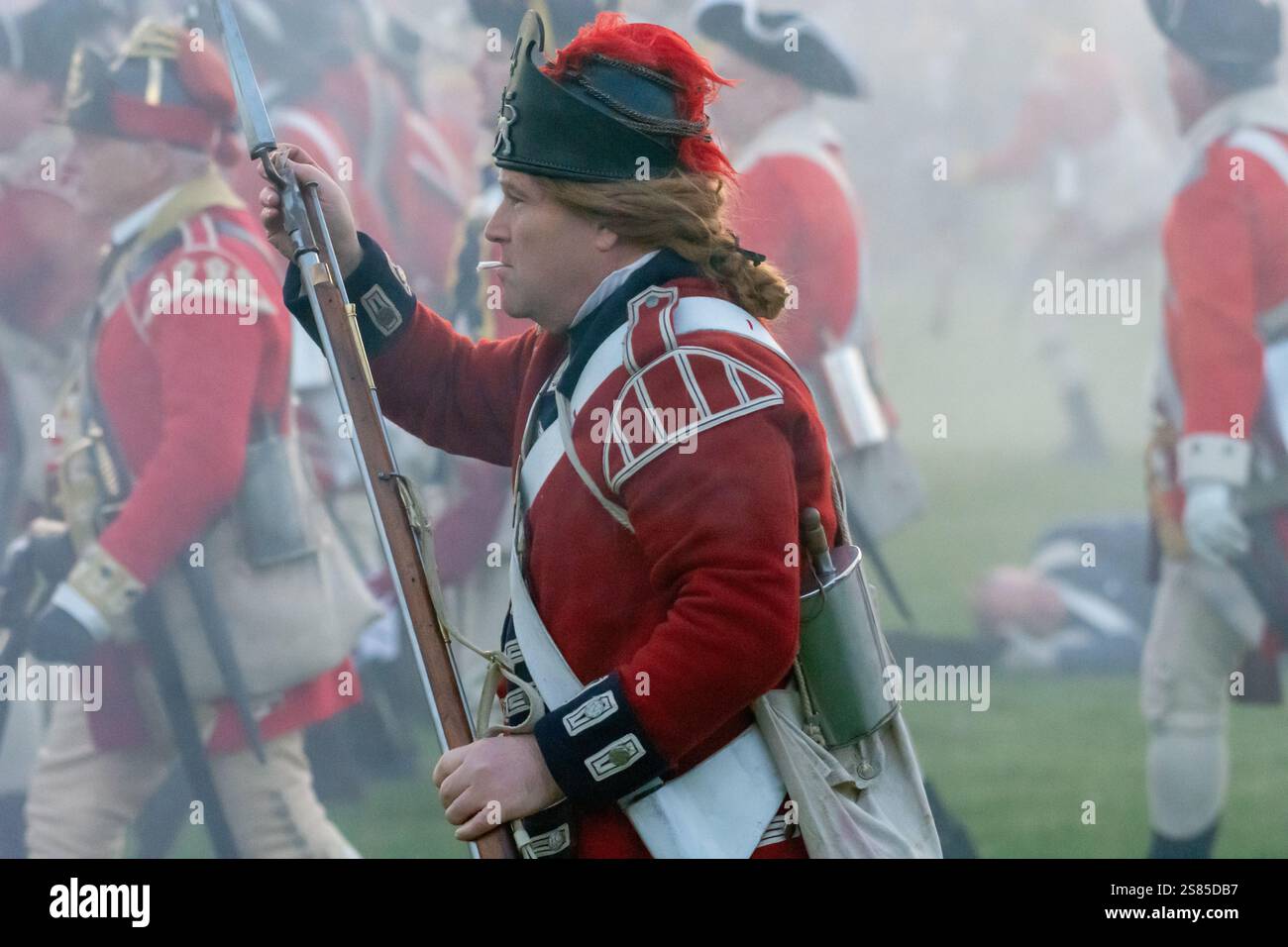 British troops at the 1775 Battle of Lexington reenactment in morning ...