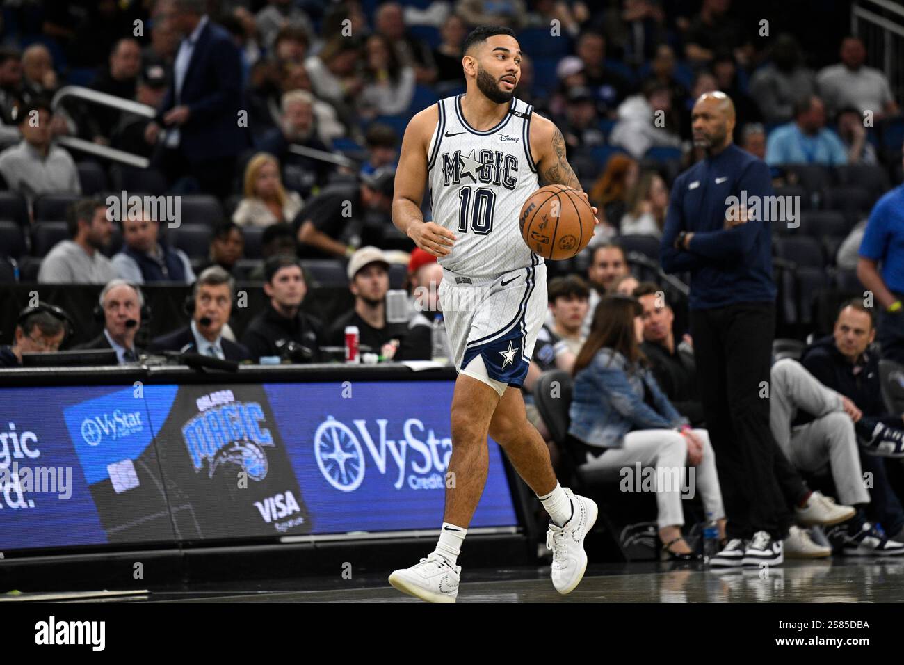 Orlando Magic guard Cory Joseph (10) brings the ball up the court against the Denver Nuggets ...