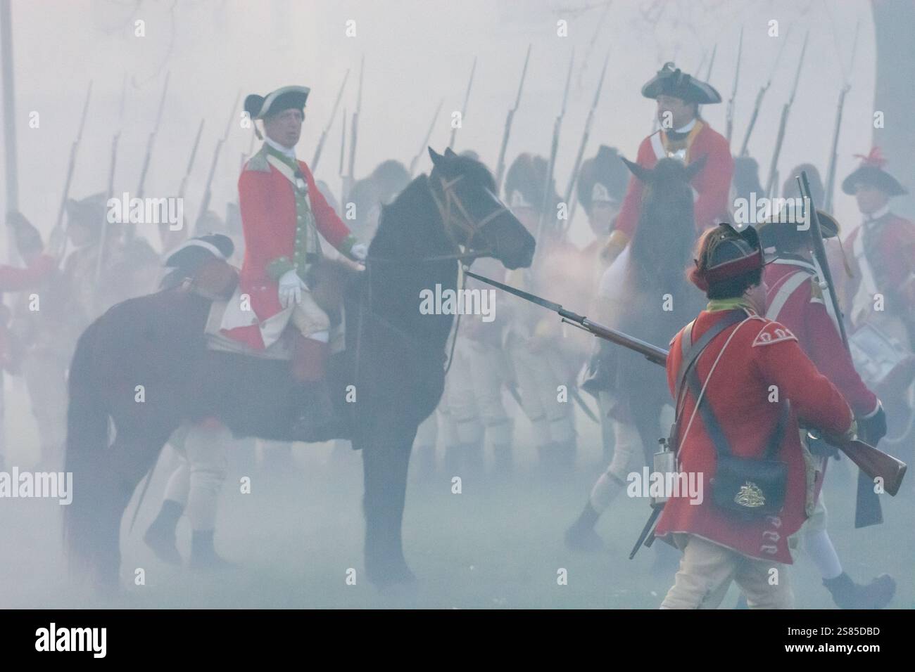 British officers on horses and troops with bayonets raised at the 1775 ...