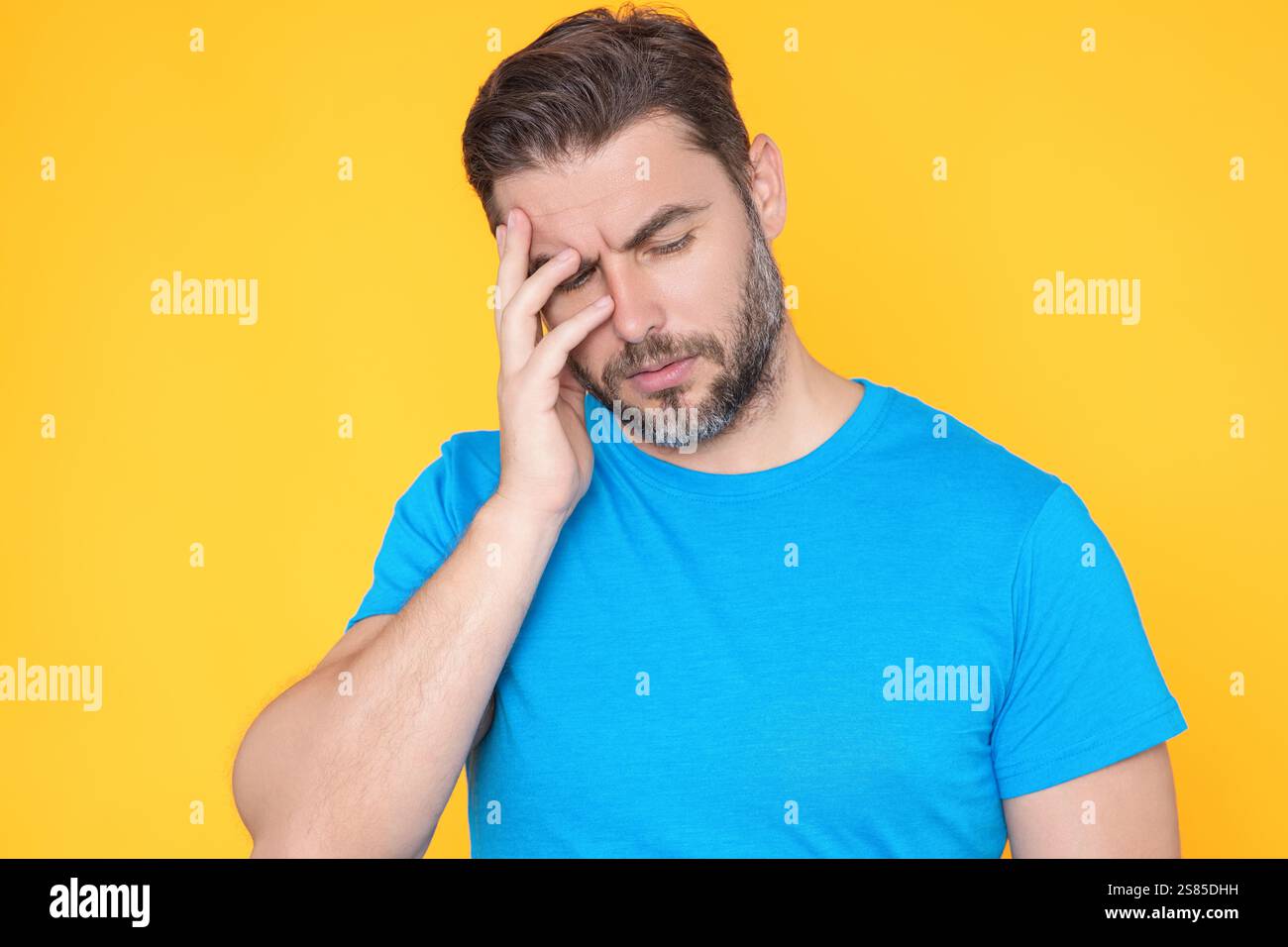 Head pain. Cephalalgia and migraine. Man with sinus headache, tension ...