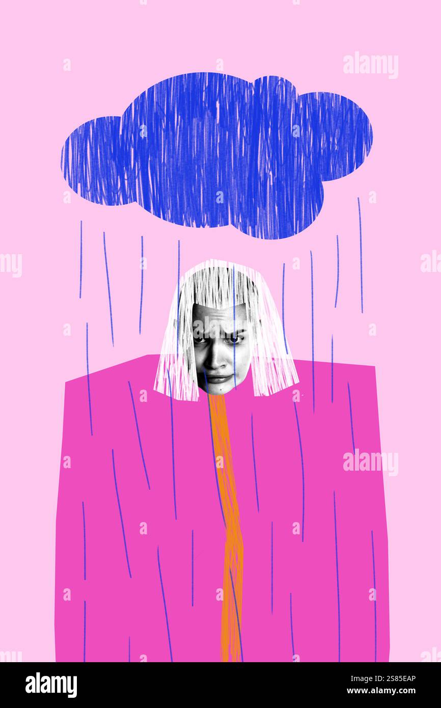 Modern art design. Woman under blue cloud, rain falling, dressed in ...