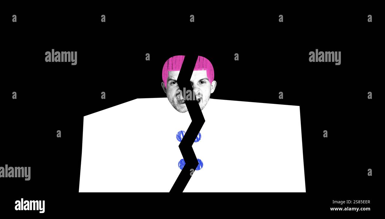 Modern art design. Person split into two halves, pink hair, buttons ...