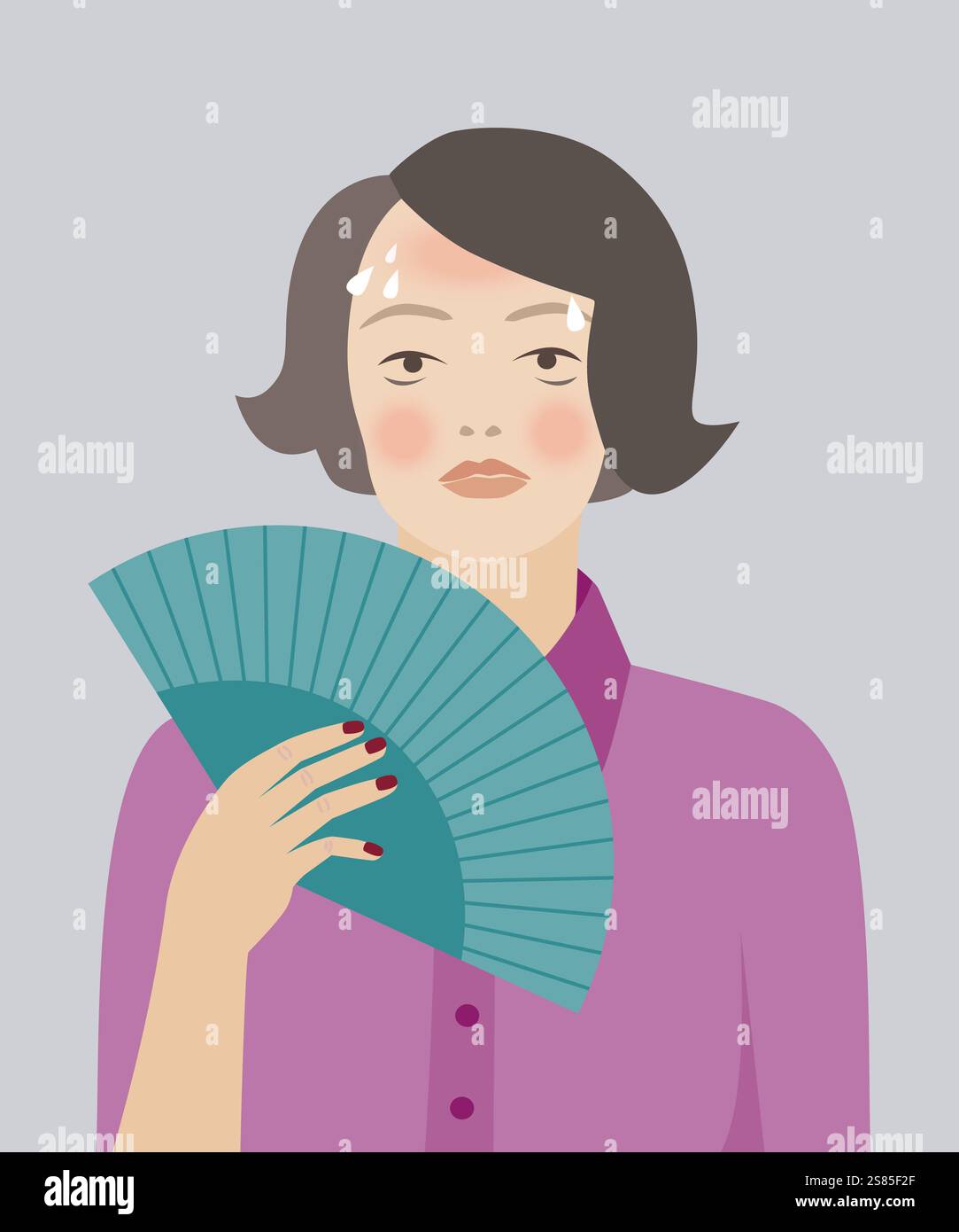 Woman using fan for hot flashes, menopause symptoms Stock Photo - Alamy
