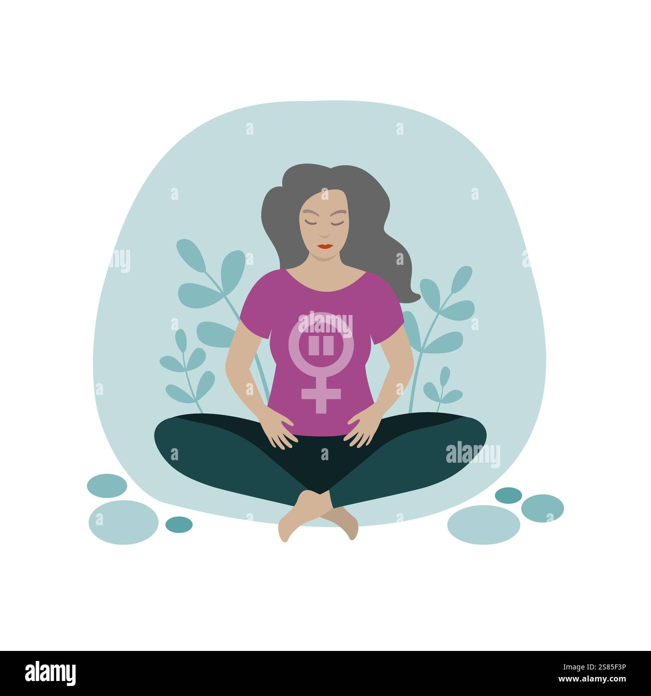 Meditating woman with menopause symbol, aging, wellbeing and women's ...