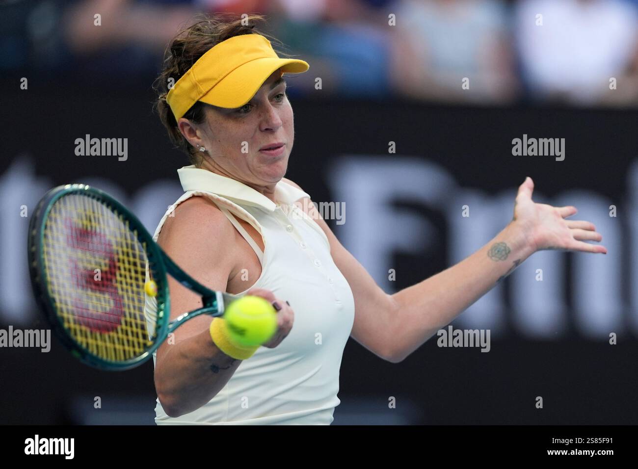 Anastasia Pavlyuchenkova of Russia plays a forehand return to Aryna Sabalenka of Belarus during ...