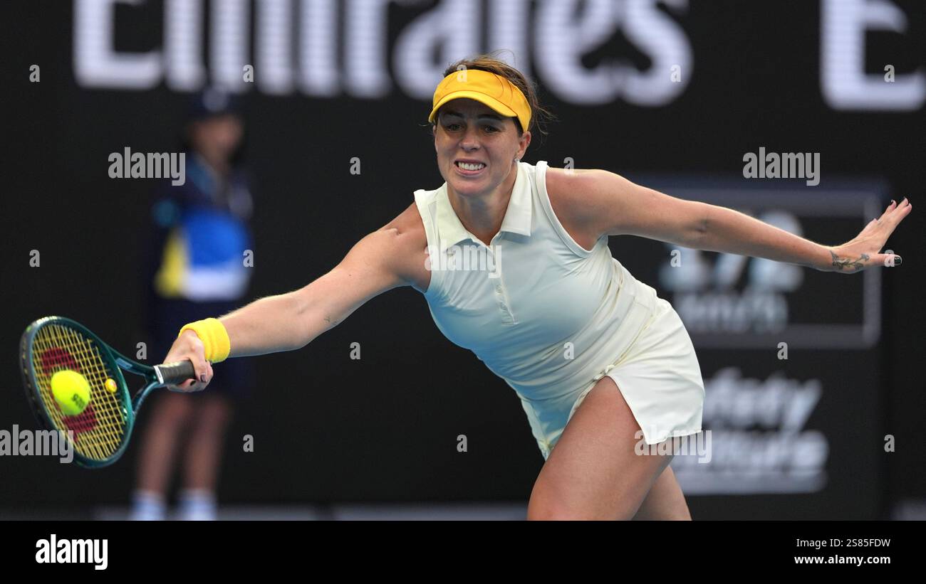 Anastasia Pavlyuchenkova of Russia plays a forehand return to Aryna Sabalenka of Belarus during ...