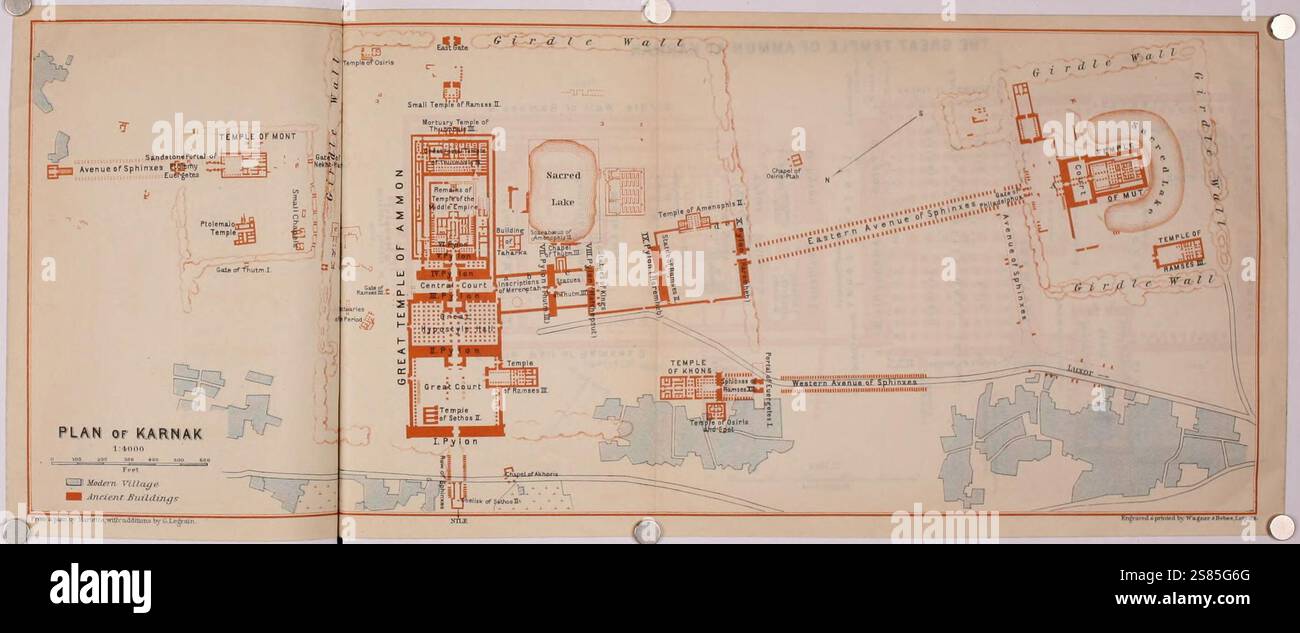 Karnak, and its ruins, Egypt. Vintage Plan Map of Important Egyptian ...