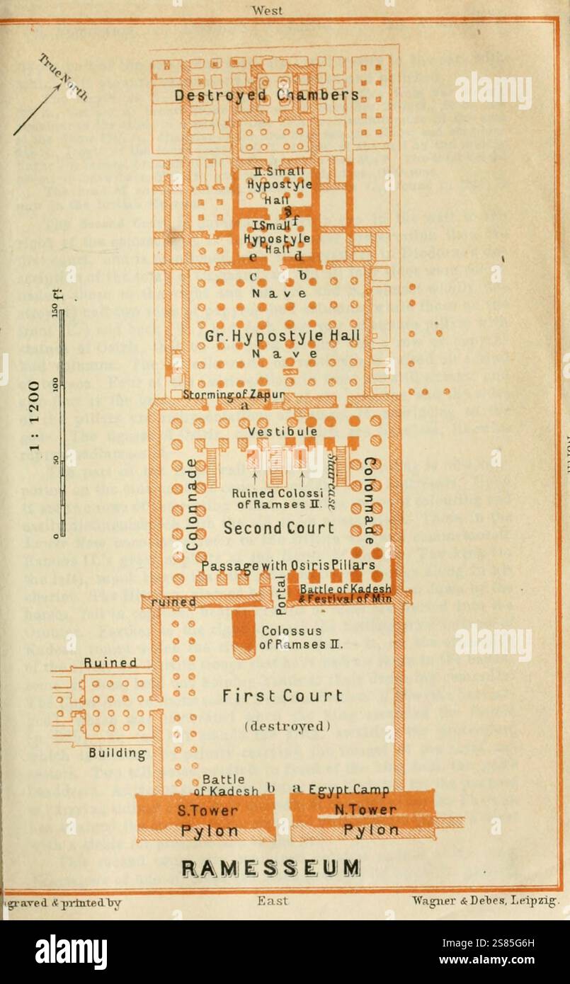 Temple of Ramesseum, Thebes, Egypt. Vintage Plan Map of Important ...