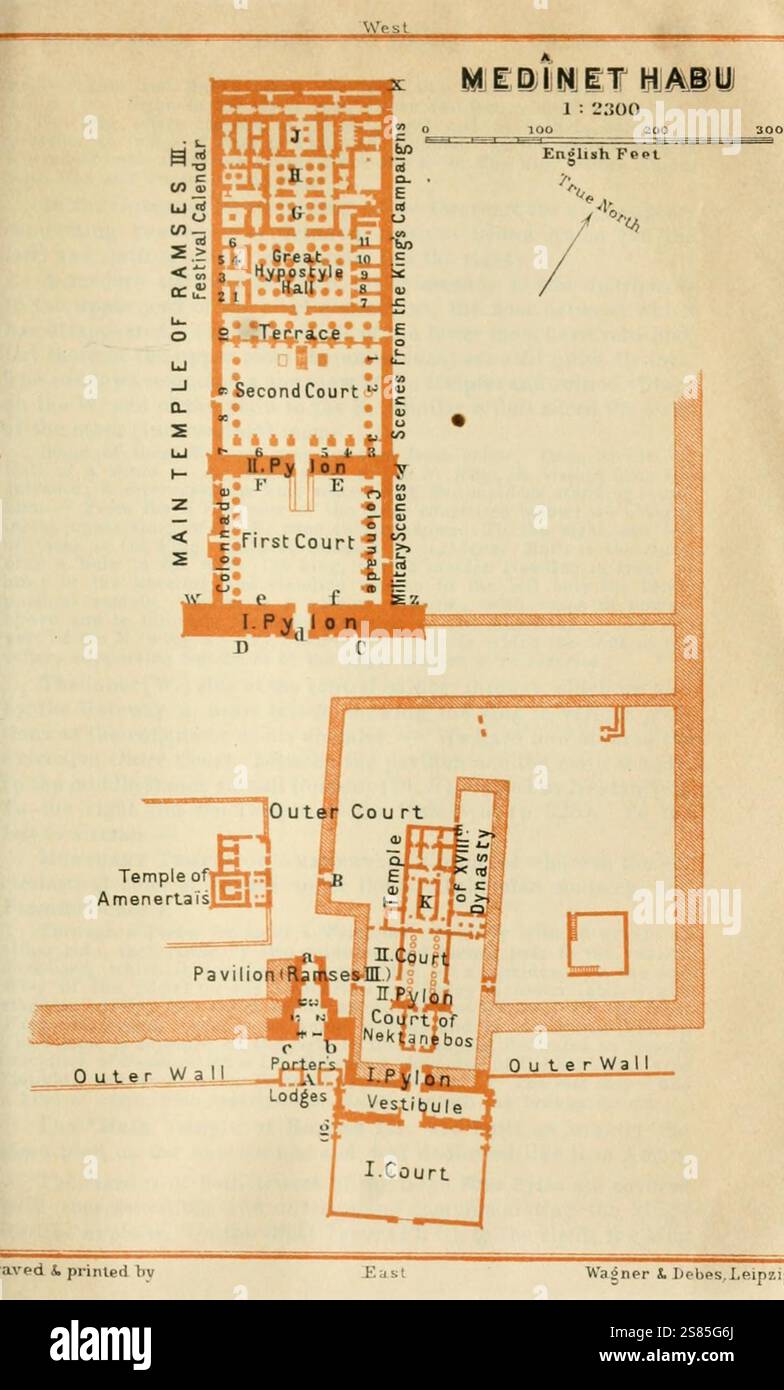 Temple of Medinet Habu, Thebes, Egypt. Vintage Plan Map of Important Egyptian Site Stock Photo ...