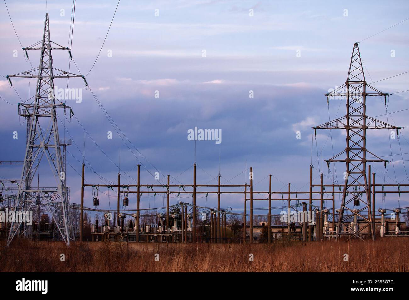 High voltage electricity transmission towers and substation ...