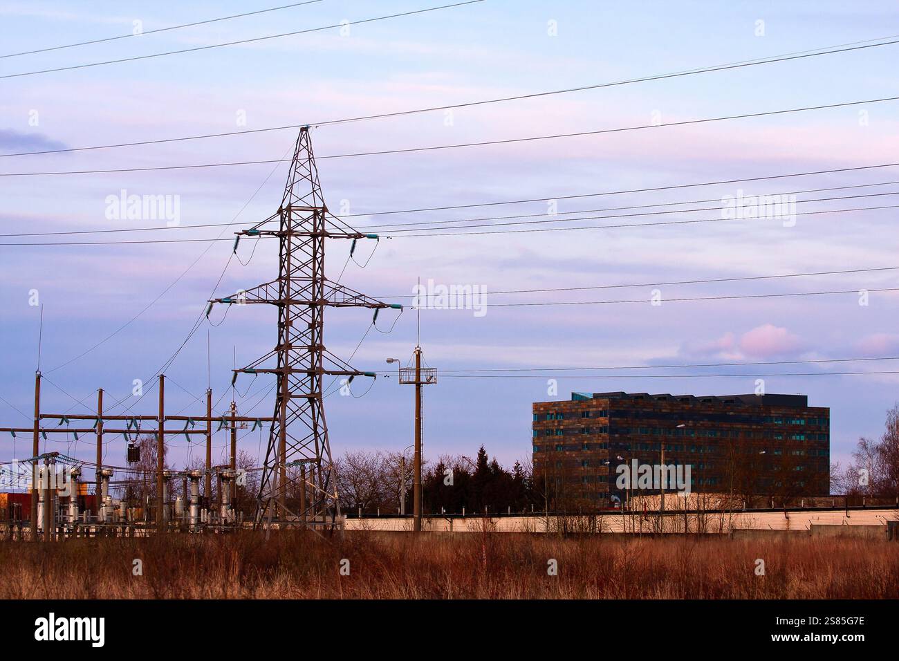High voltage electricity transmission towers and substation ...