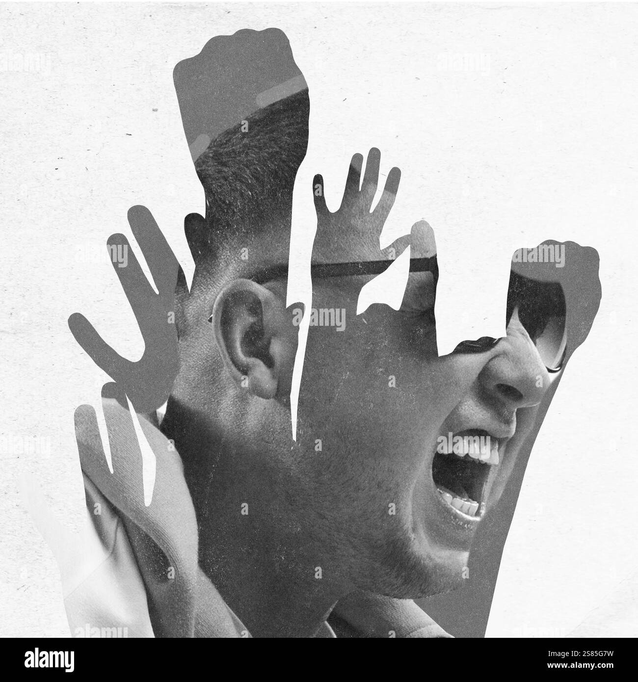 Young man passionately shouting with multiple hands raising symbolizing ...