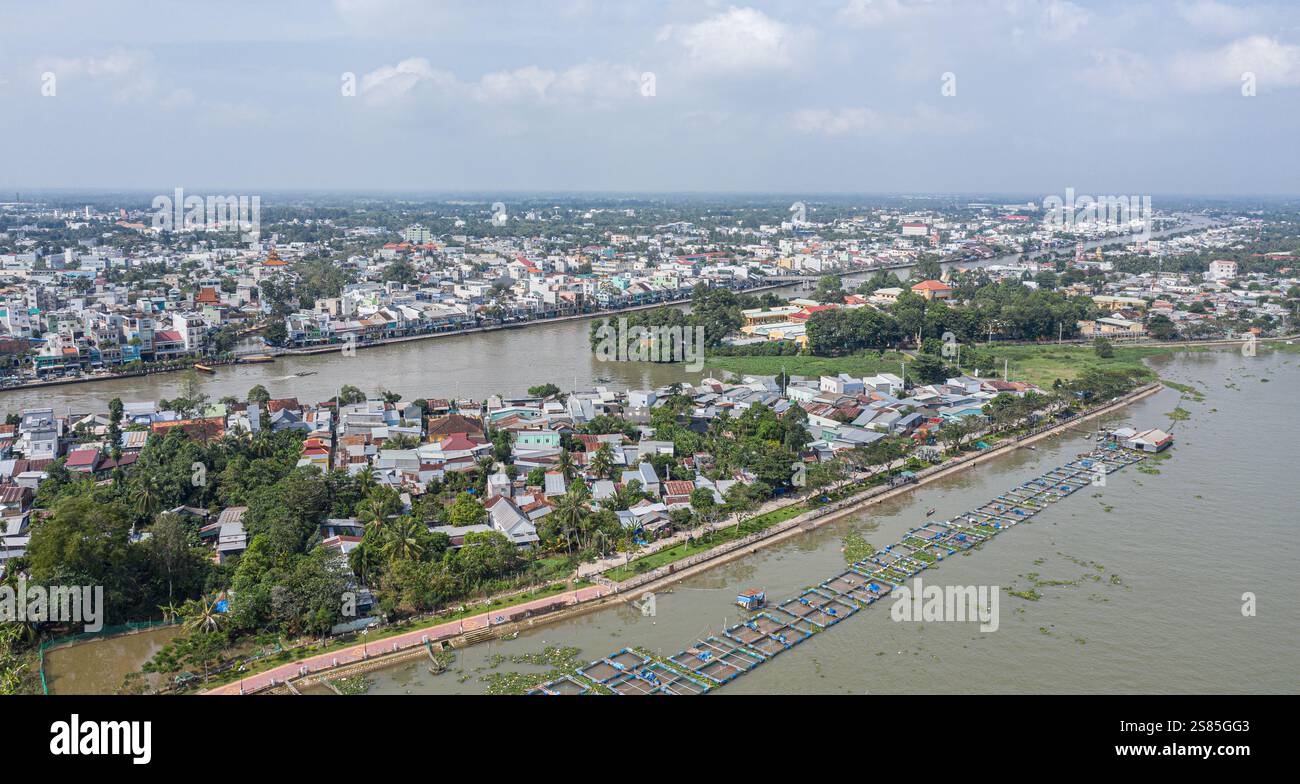 Aerial view of Sa Dec city, fish farms (red tilapias in floating cages ...