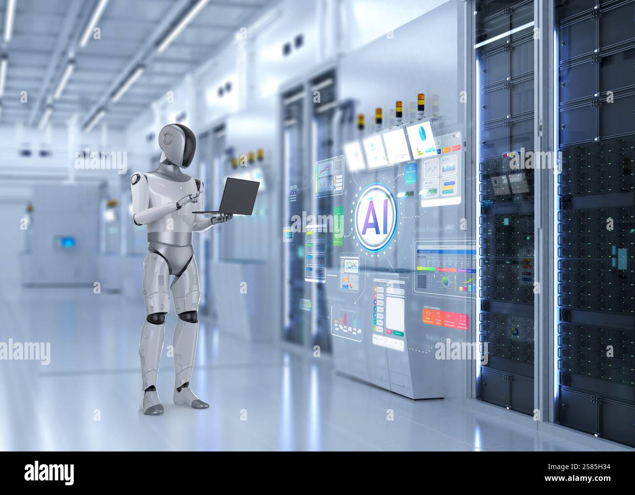 Automation Server With 3d Rendering Humanoid Robot Working In Server