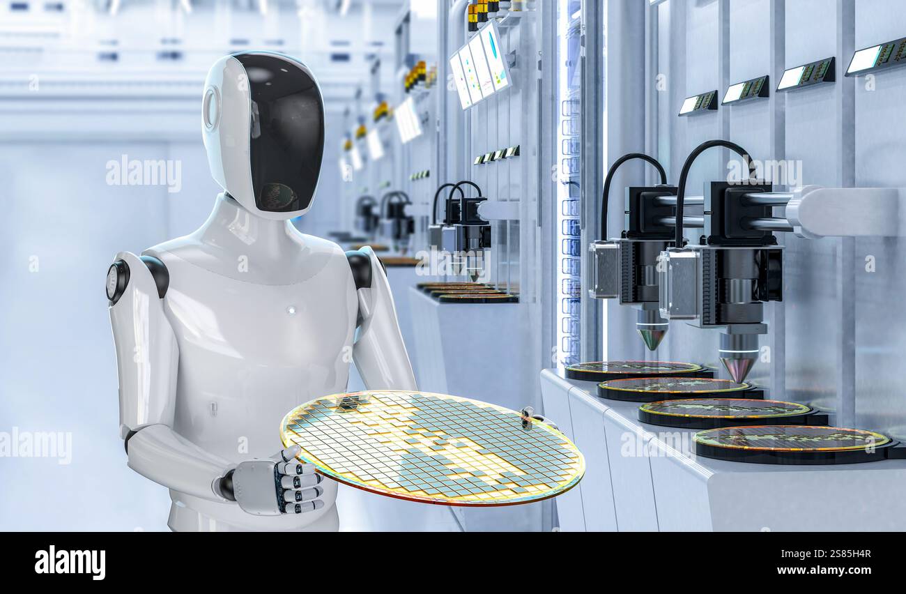 Semiconductor manufacturing with 3d rendering assistant robot hold silicon wafers Stock Photo ...