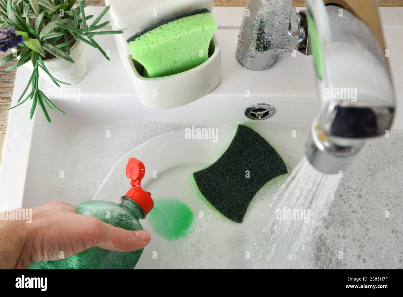 Hand with dishwasher bottle pouring product onto a plate in a white ...