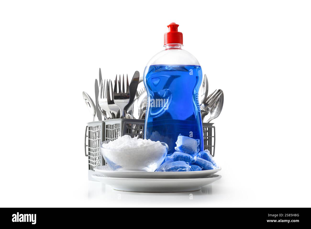 detail of dishwasher products on stack of plates and basket with ...