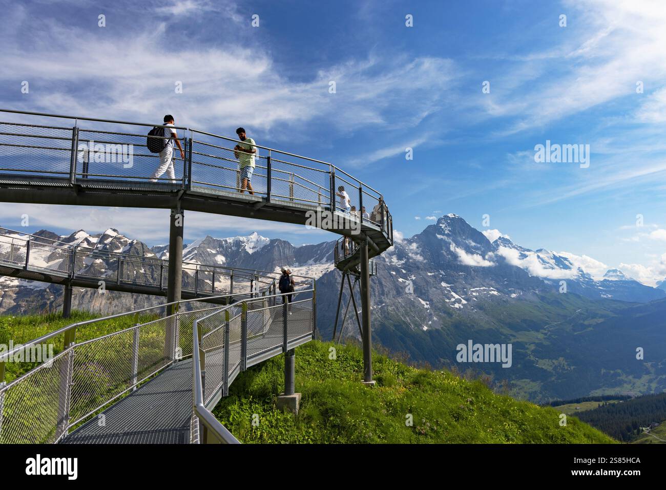 People on First Cliff Walk with Eiger mountain in the background, First, Jungfrau Region ...