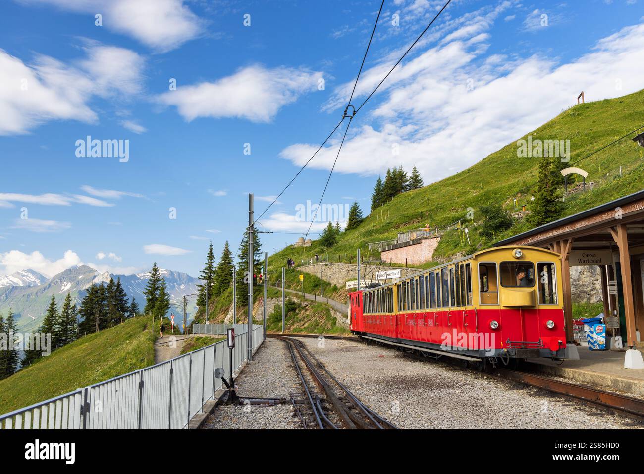 Train of cogwheel railway at Schynige Platte, Jungfrau Region, Bernese ...