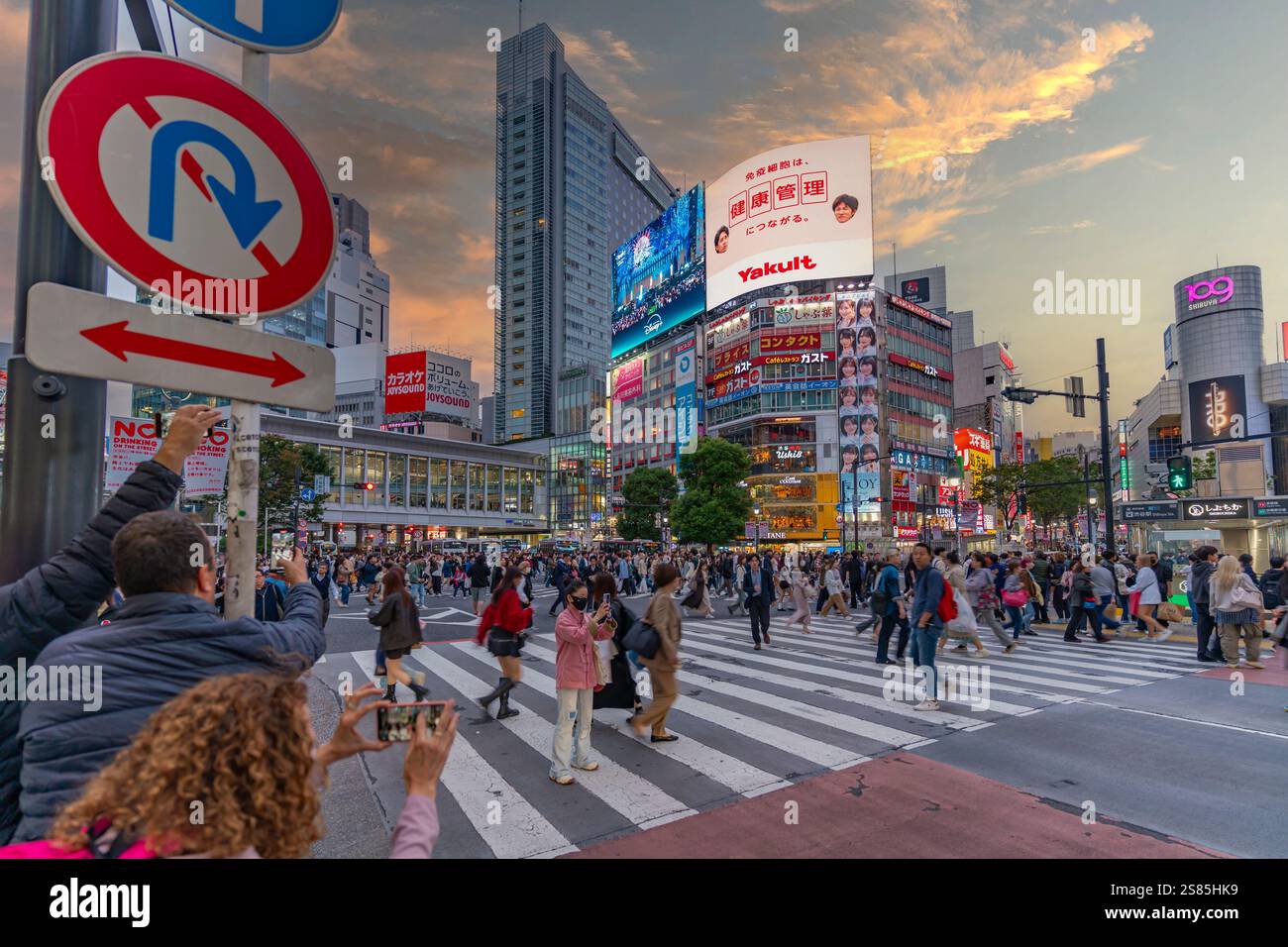View of people at the world's busiest road crossing, Shibuya Scramble Crossing at sunset, Minato ...