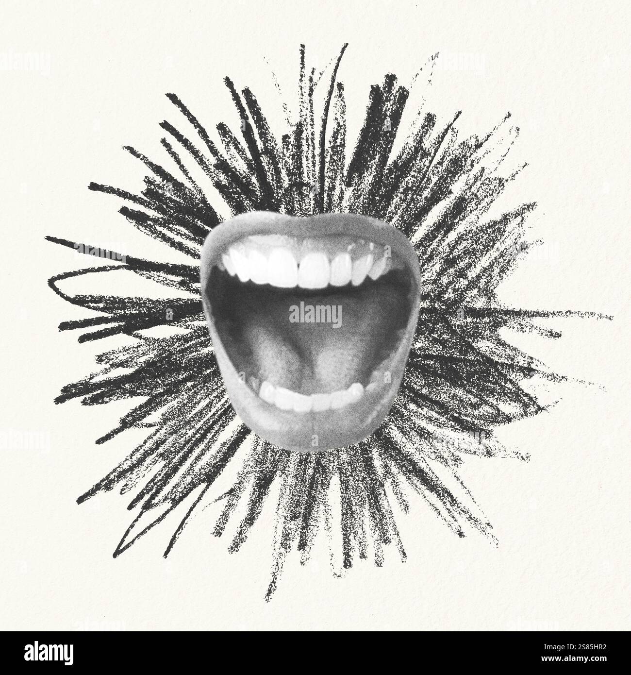 States of mind concept. Collage of screaming mouth in messy sketch ...