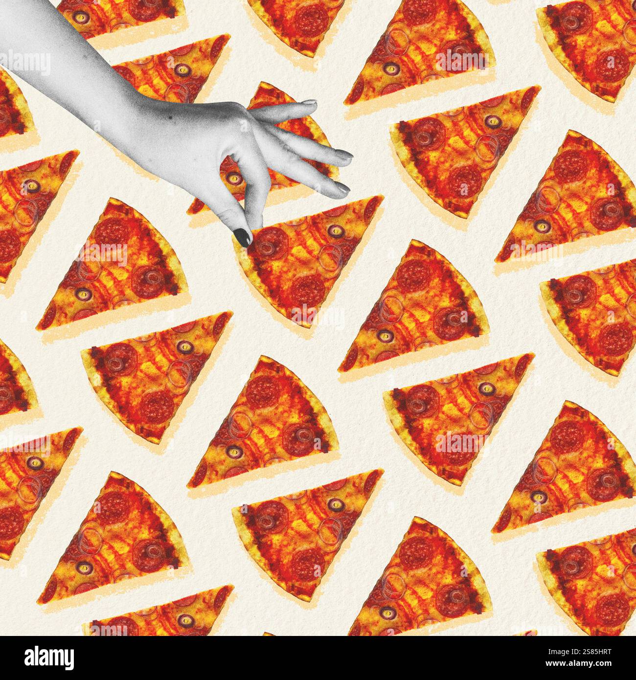 Abstract collage illustration of woman hand picking one triangle pizza ...