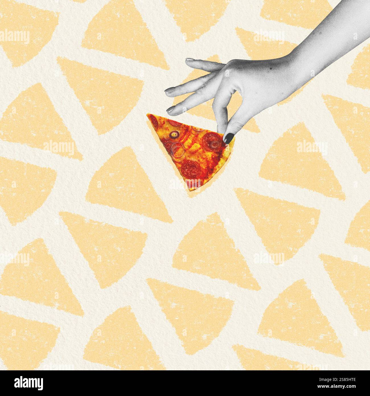 Abstract collage illustration of woman hand picking one triangle pizza ...