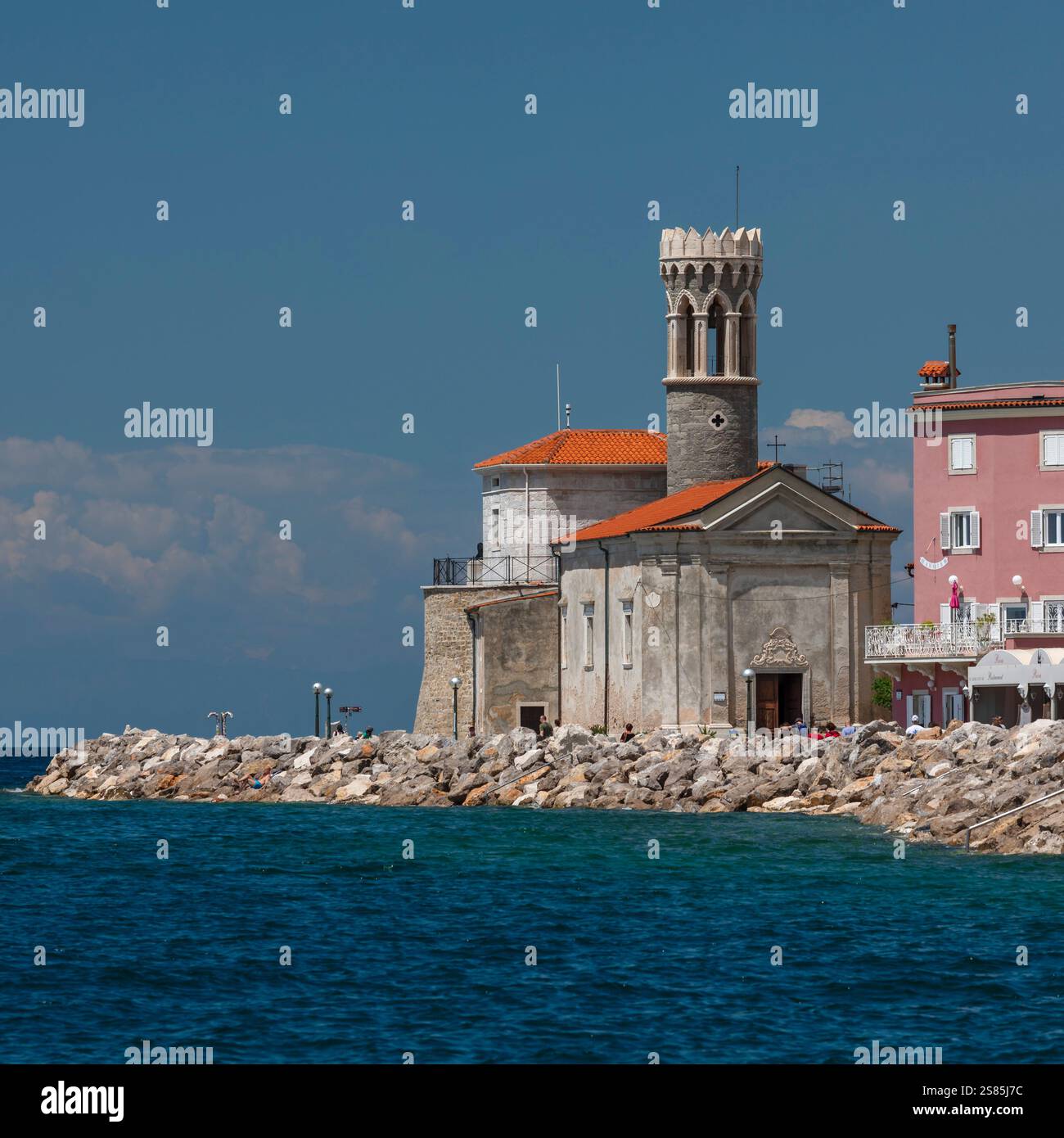 Promenade with St. Clemente church, Piran, Promorska, Istria, Slovenia ...