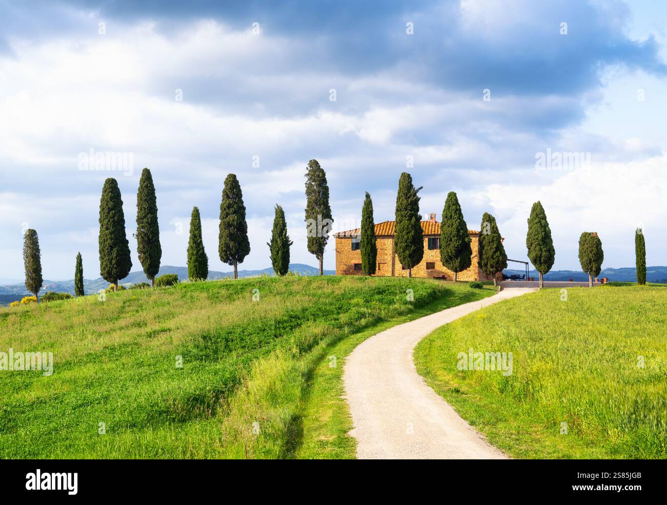 Tuscan farmhouse and cypress trees in Val d'Orcia, UNESCO, Tuscany ...
