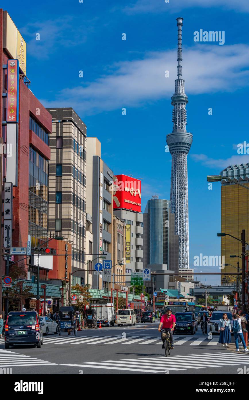 View of colourful shops, buildings and Tokyo Skytree, Asakusa, Taito ...