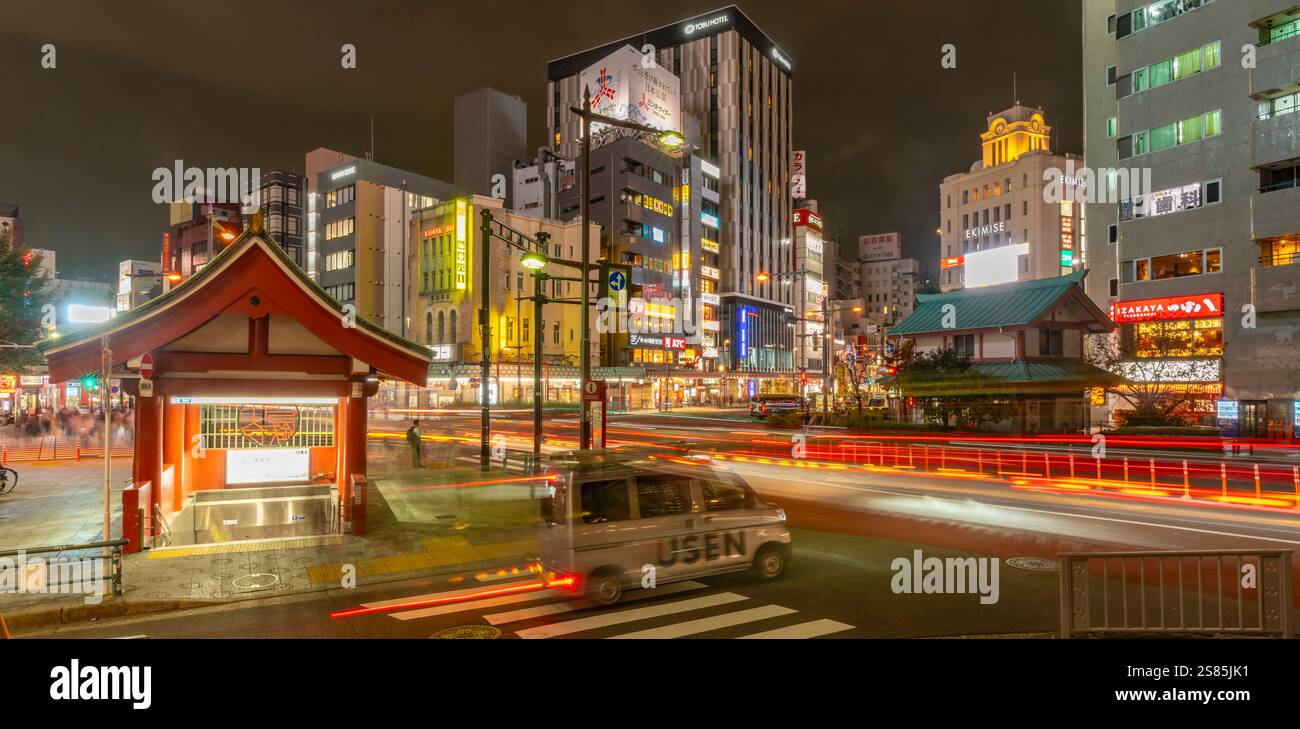 View of subway entrance in Asakusa at night, Asakusa, Taito City, Tokyo ...