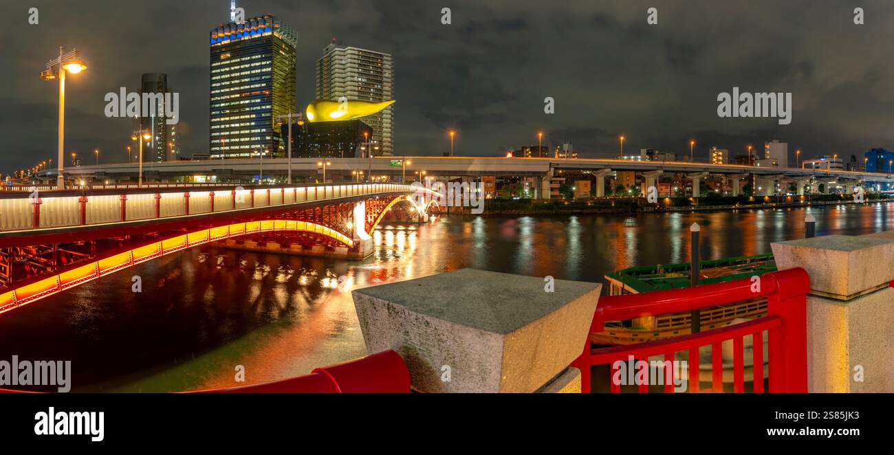 View of Azuma Bridge and Sumida River at night, Asakusa, Taito City ...