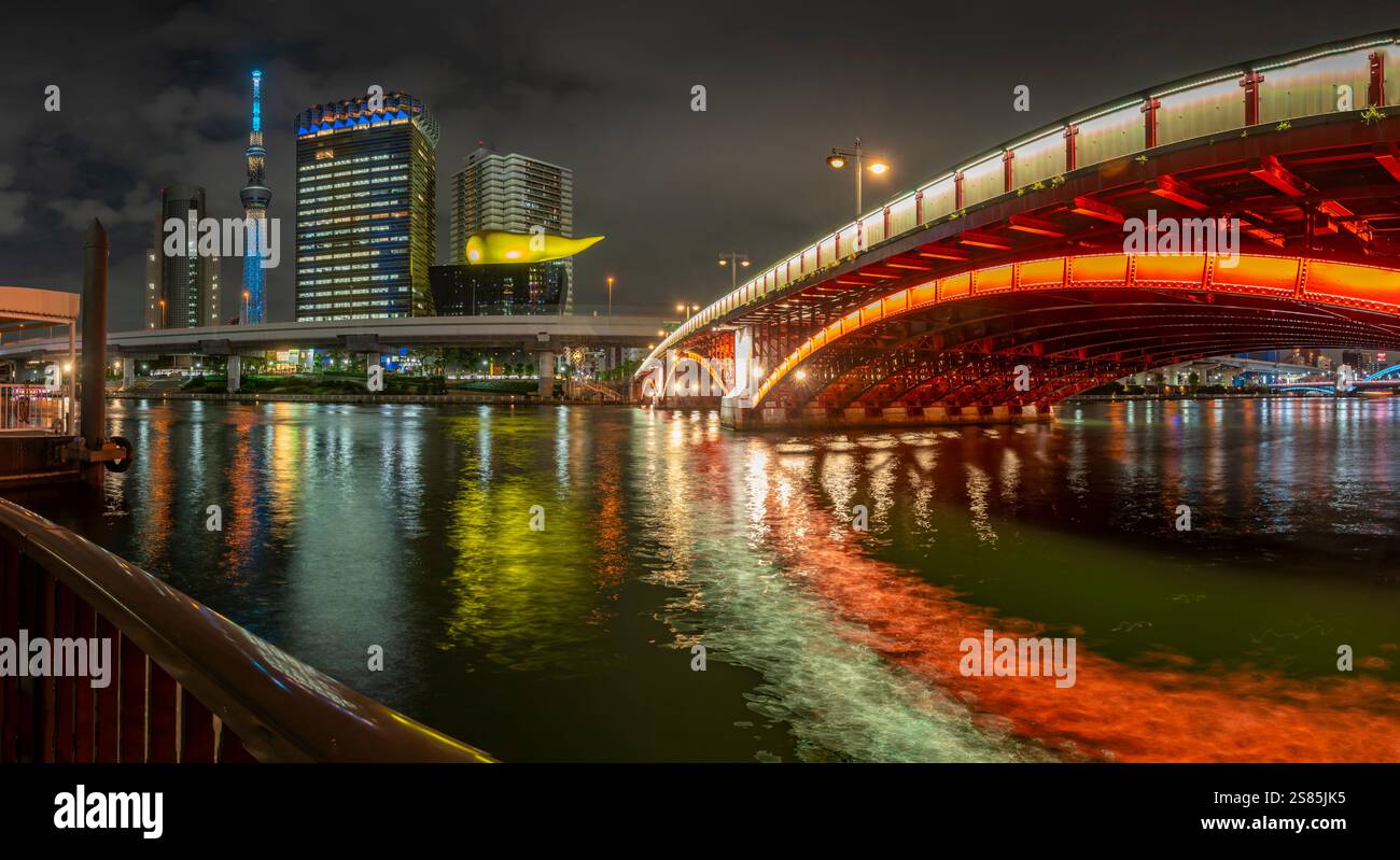 View of Tokyo Skytree, Azuma Bridge and Sumida River at night, Asakusa ...